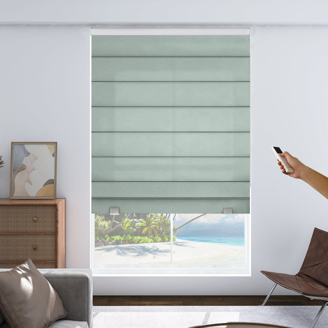 Motorized Blackout Roman Shades | Beige Woven Shades – Joydeco