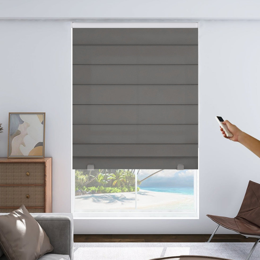 Motorized Blackout Roman Shades | Beige Woven Shades – Joydeco
